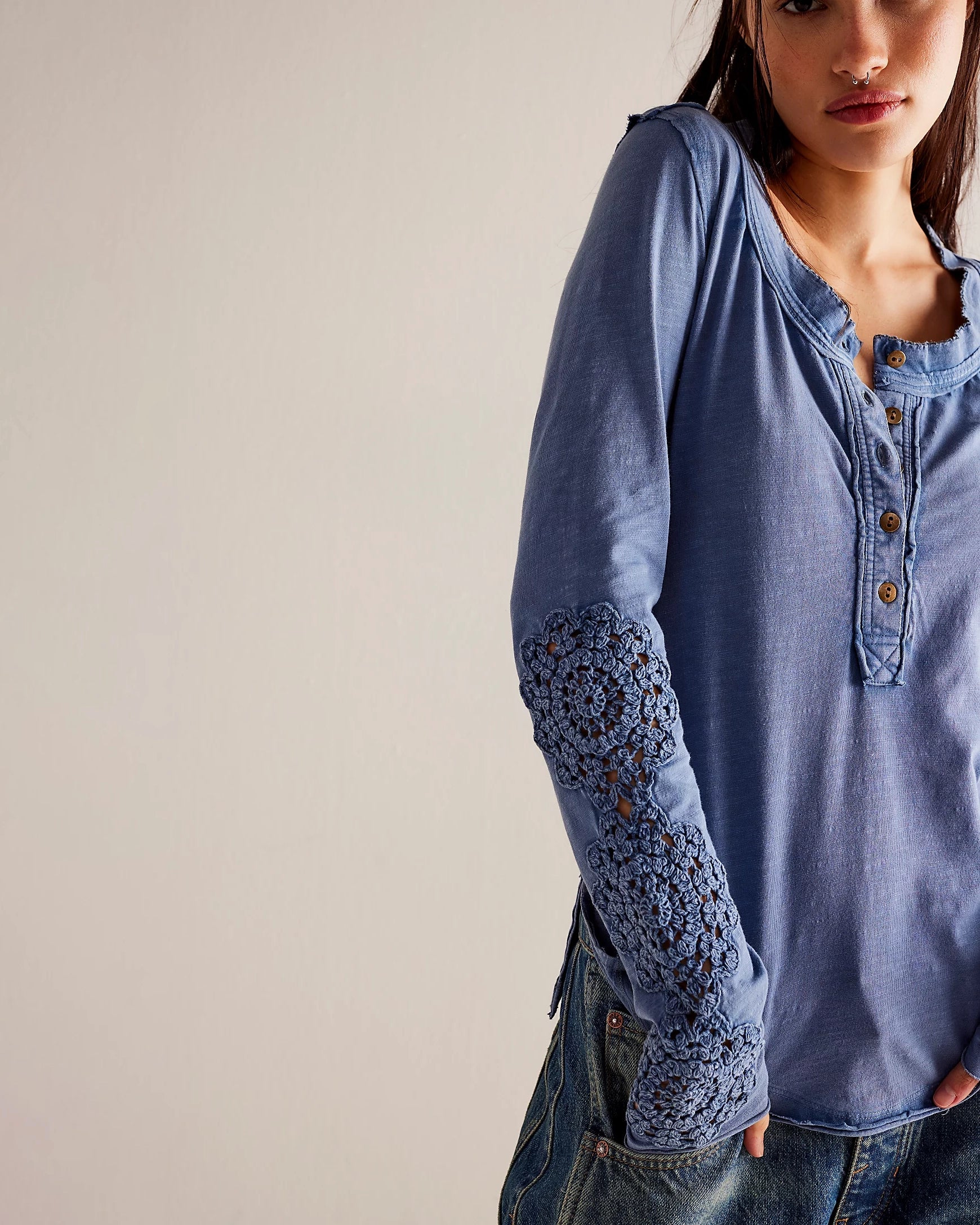 The Free People Womens Our Song Henley Cuff Top in Blue | Anns Cottage ...