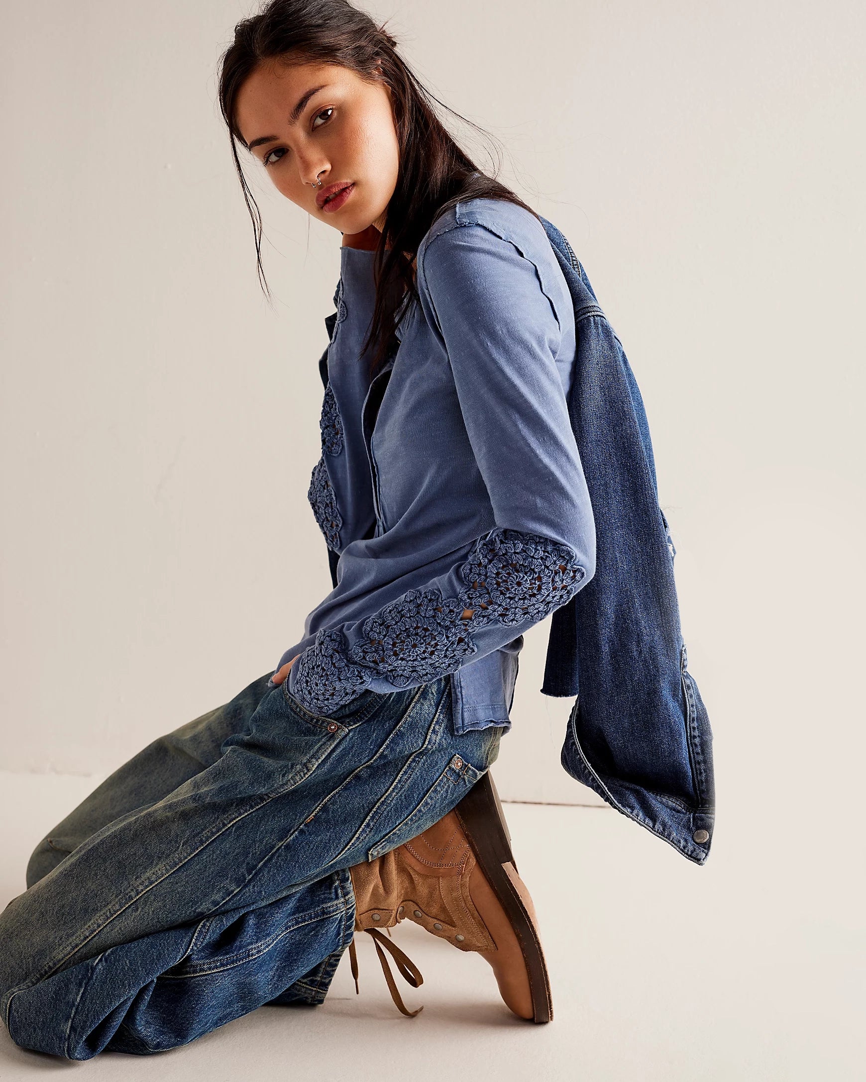 The Free People Womens Our Song Henley Cuff Top in Blue | Anns Cottage ...